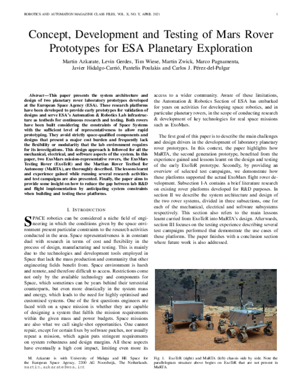 (PDF) Concept, Development and Testing of Mars Rover Prototypes for ESA ...