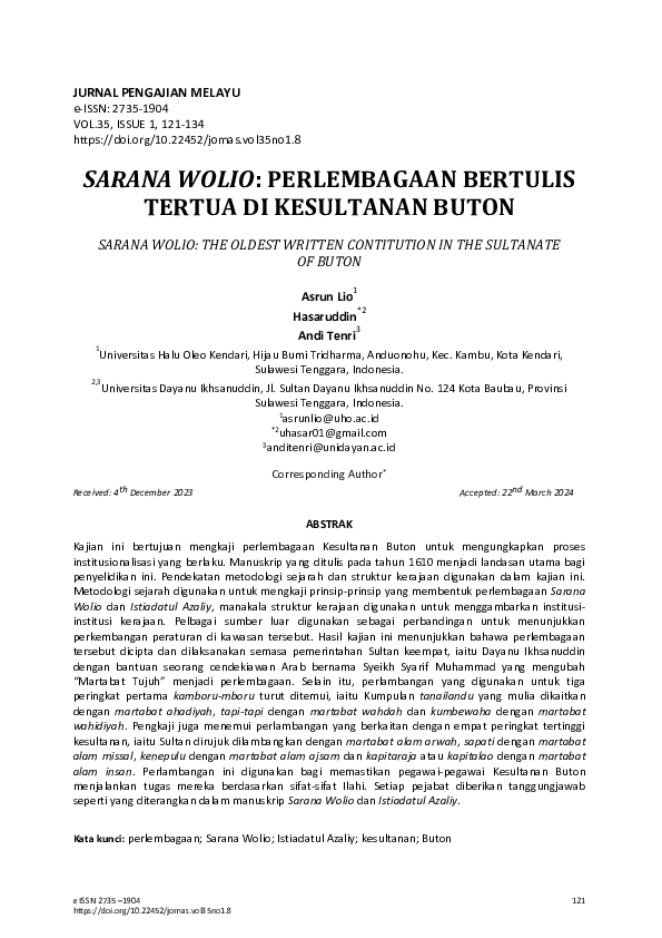 (PDF) Sarana Wolio: Perlembagaan Bertulis Tertua DI Kesultanan Buton ...