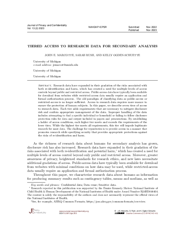 (PDF) Tiered Access to Research Data for Secondary Analysis