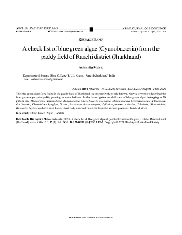 (PDF) A check list of blue green algae (Cyanobacteria) from the paddy ...