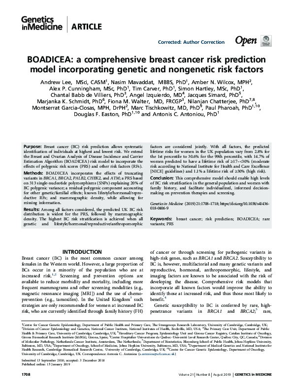 (PDF) BOADICEA: a comprehensive breast cancer risk prediction model incorporating genetic and ...