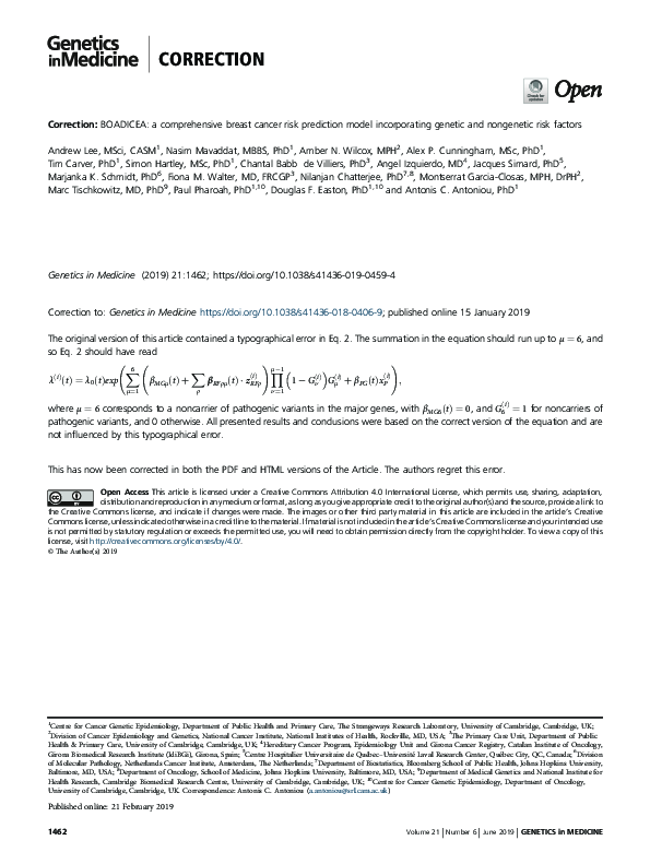 (PDF) Correction: BOADICEA: a comprehensive breast cancer risk ...