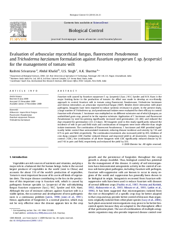 (PDF) Control of Fusarium Wilt in Tomato using Bioagents and AMF