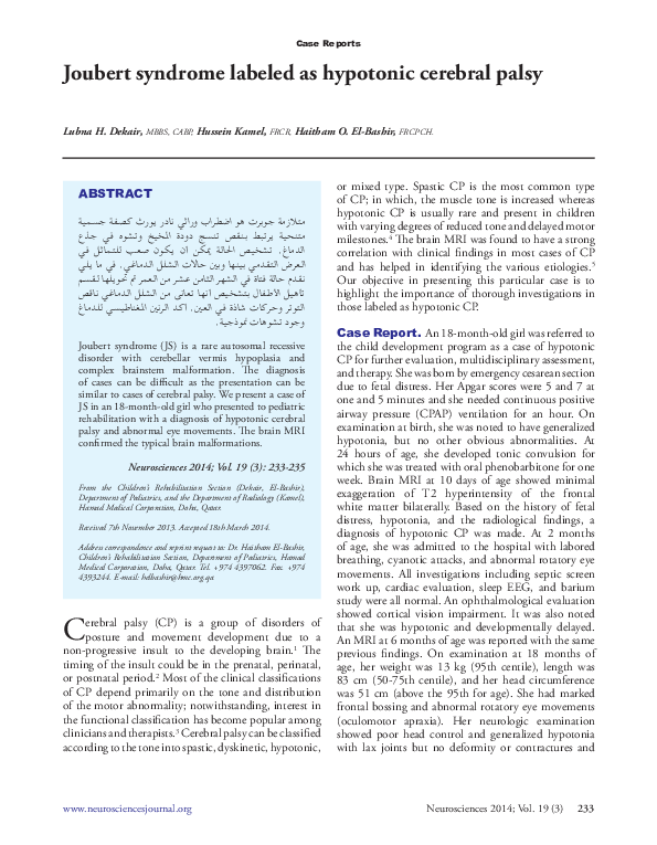 (PDF) Joubert syndrome labeled as hypotonic cerebral palsy