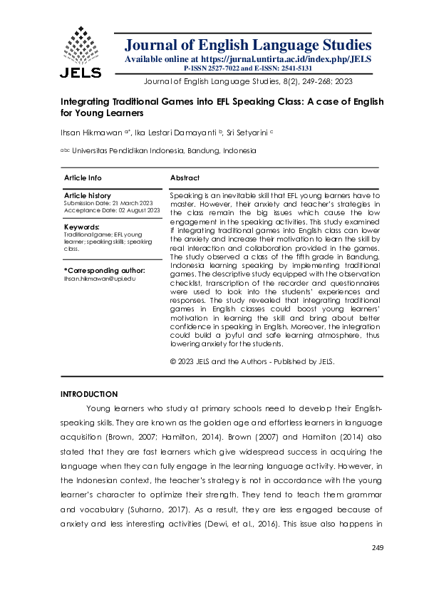 (PDF) Integrating Traditional Games into EFL Speaking Class: A case of ...