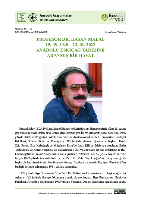 (PDF) Profesör Dr. Hasan Malay 15. 05. 1948 – 23. 02. 2022 Anadolu ...