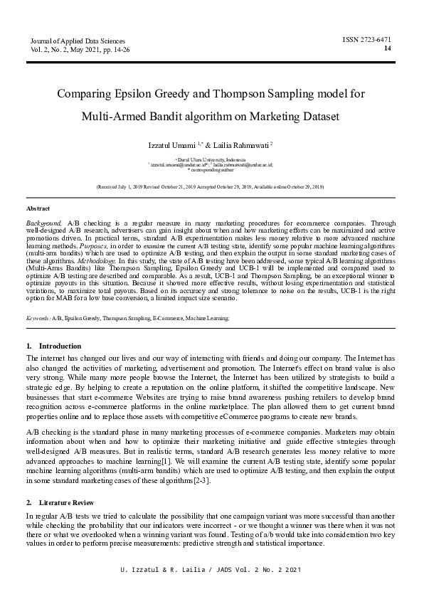 (PDF) Comparing Epsilon Greedy and Thompson Sampling model for Multi ...