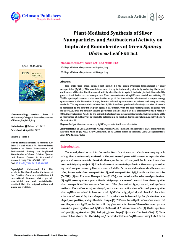 (PDF) Plant-Mediated Synthesis of Silver Nanoparticles and Antibacterial Activity on Implicated ...