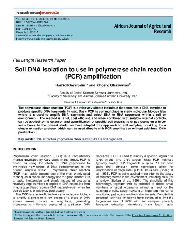 (PDF) Soil DNA isolation to use in polymerase chain reaction (PCR) amplification | hamid ...
