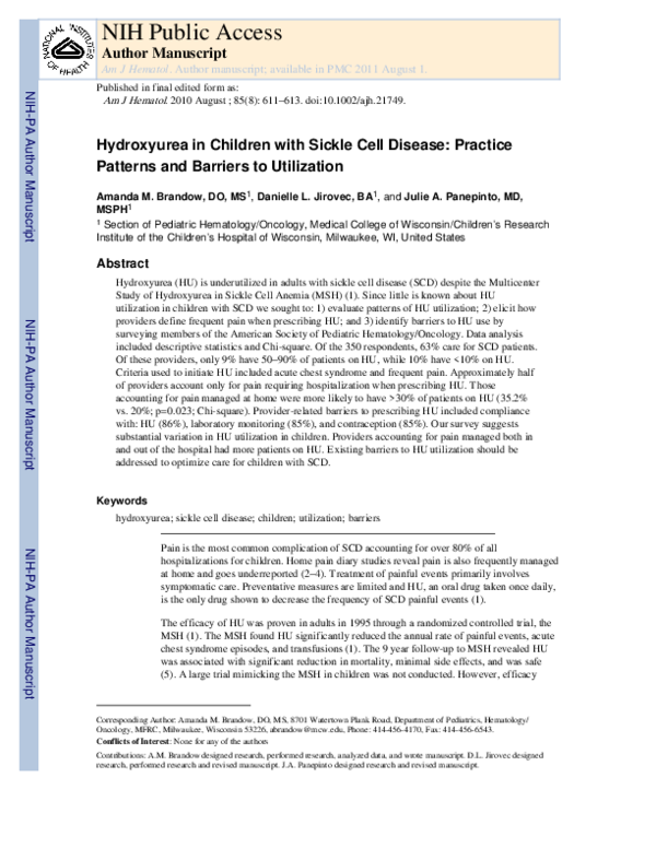 (PDF) Hydroxyurea in children with sickle cell disease: Practice ...