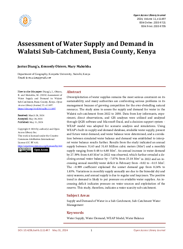 (PDF) Assessment of Water Supply and Demand in Walatsi Sub-Catchment ...