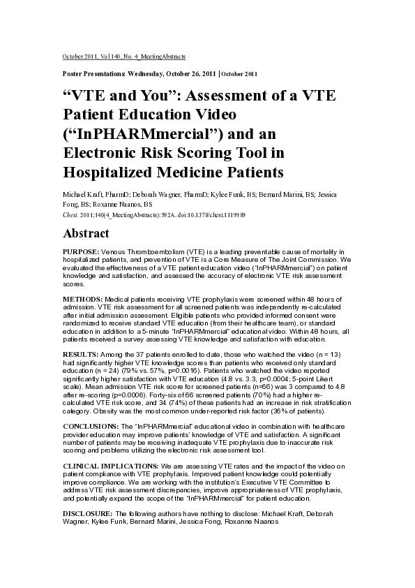 (PDF) VTE and You": Assessment of a VTE Patient Education Video ("InPHARMmercial") and an ...