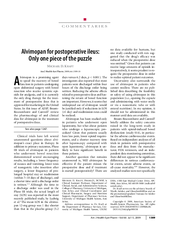 (PDF) Alvimopan for postoperative ileus: Only one piece of the puzzle