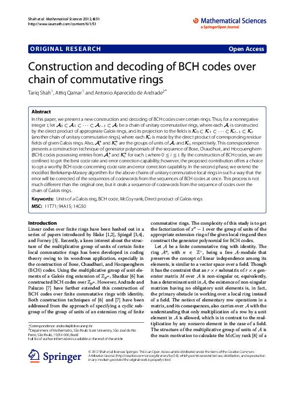(PDF) Construction and decoding of BCH codes over chain of commutative ...