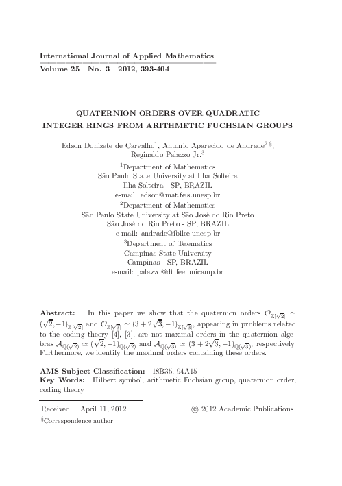(PDF) Quaternion orders over quadratic integer rings from arithmetic Fuchsian groups