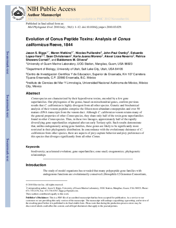 (PDF) Evolution of Conus peptide toxins: Analysis of Conus californicus ...