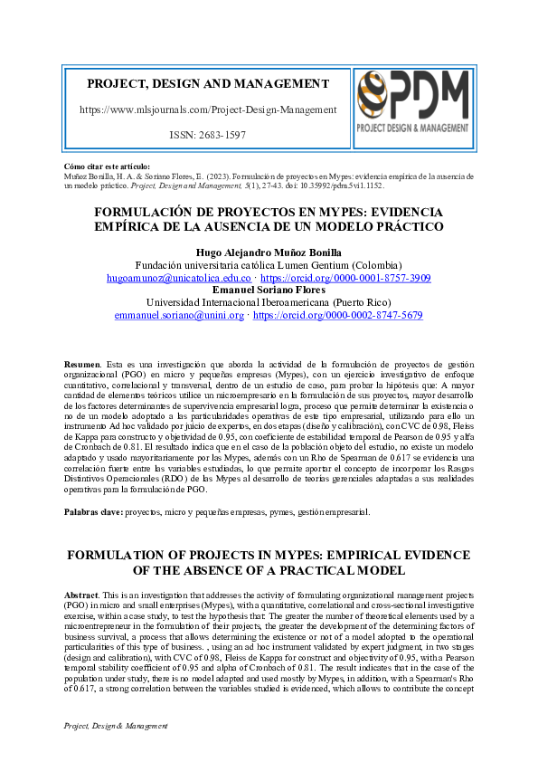 (PDF) Formulación de proyectos en Mypes: evidencia empírica de la ausencia de un modelo práctico