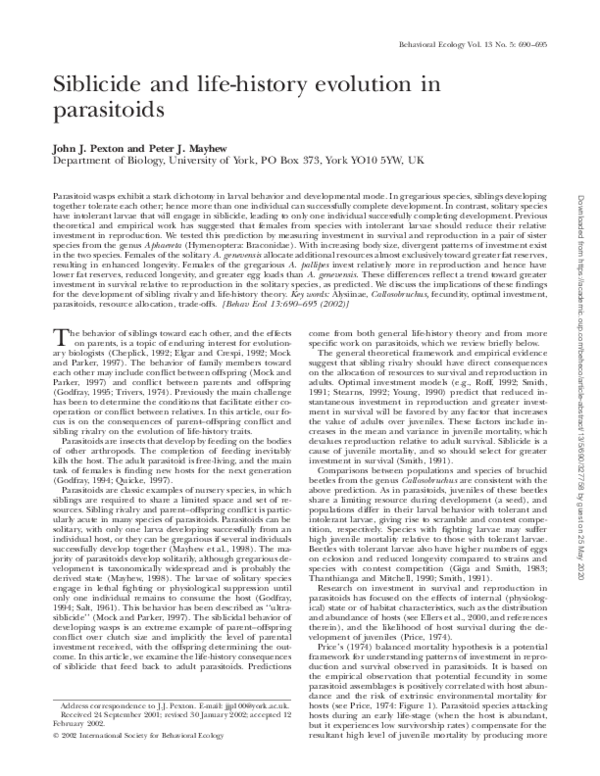 (PDF) Siblicide and life-history evolution in parasitoids