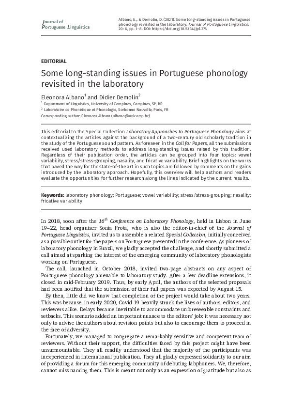 (PDF) Some long-standing issues in Portuguese phonology revisited in ...
