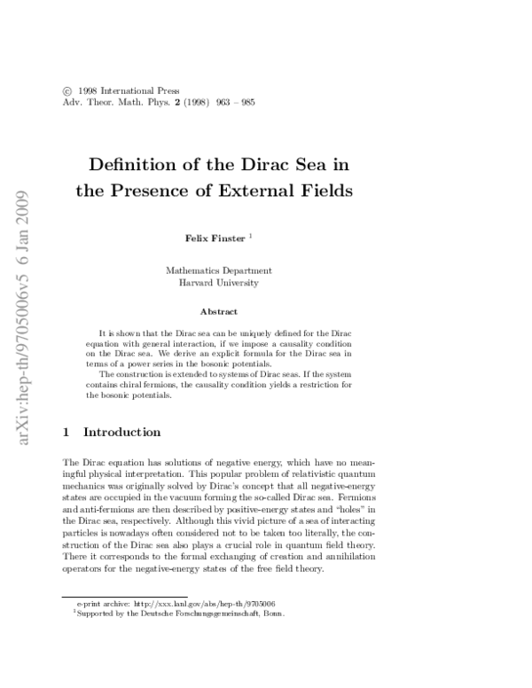 (PDF) Definition of the Dirac Sea in the Presence of External Fields | Felix Finster - Academia.edu