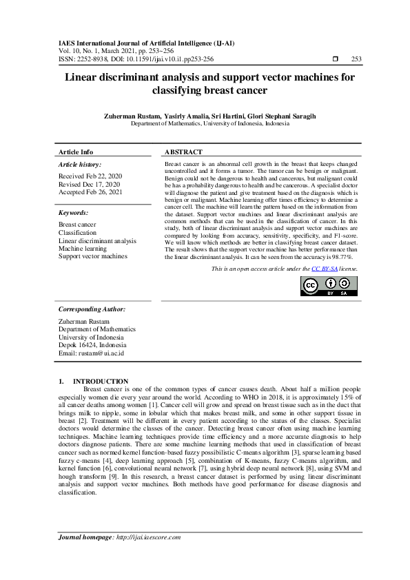(PDF) Linear discriminant analysis and support vector machines for classifying breast cancer