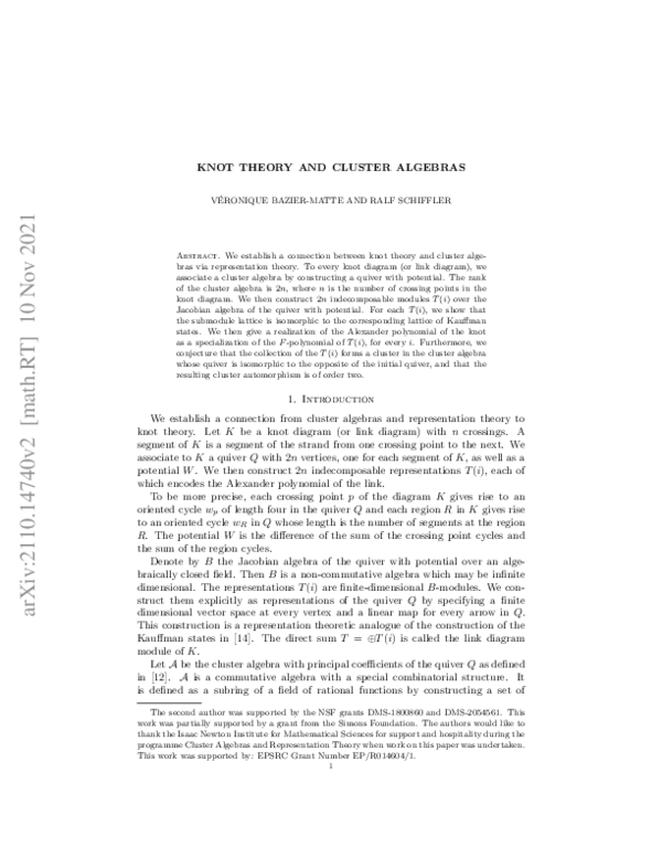 (PDF) Knot theory and cluster algebras
