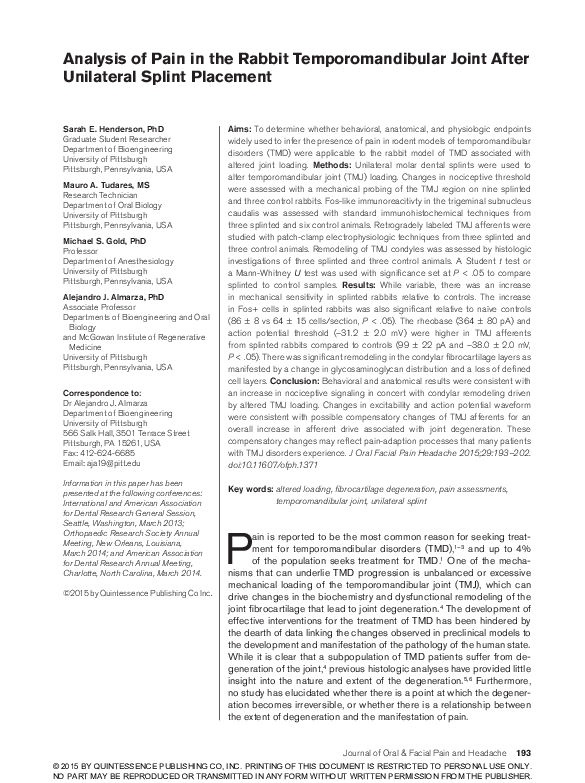 (PDF) Analysis of pain in the rabbit temporomandibular joint after ...