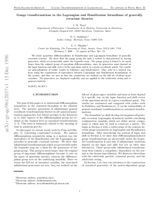 (PDF) Gauge transformations in the Lagrangian and Hamiltonian ...