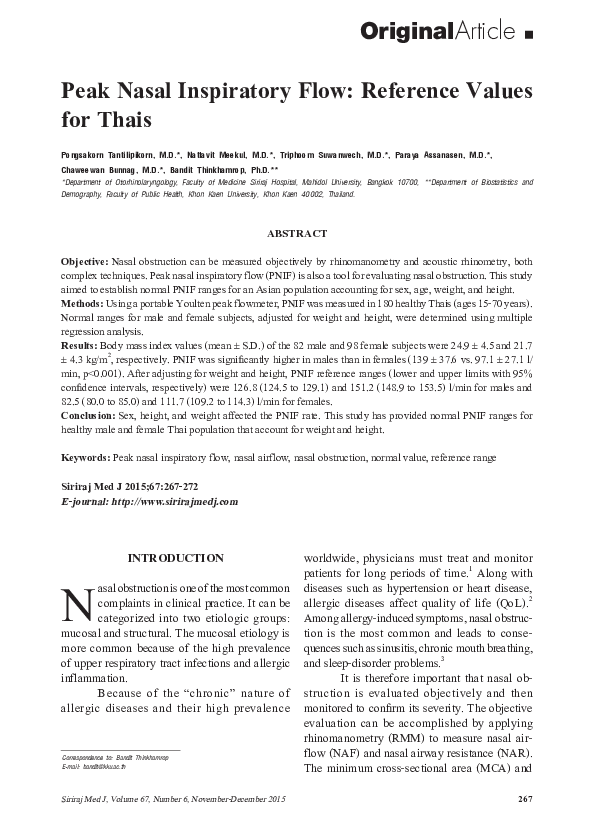 (PDF) Peak Nasal Inspiratory Flow: Reference Values for Thais