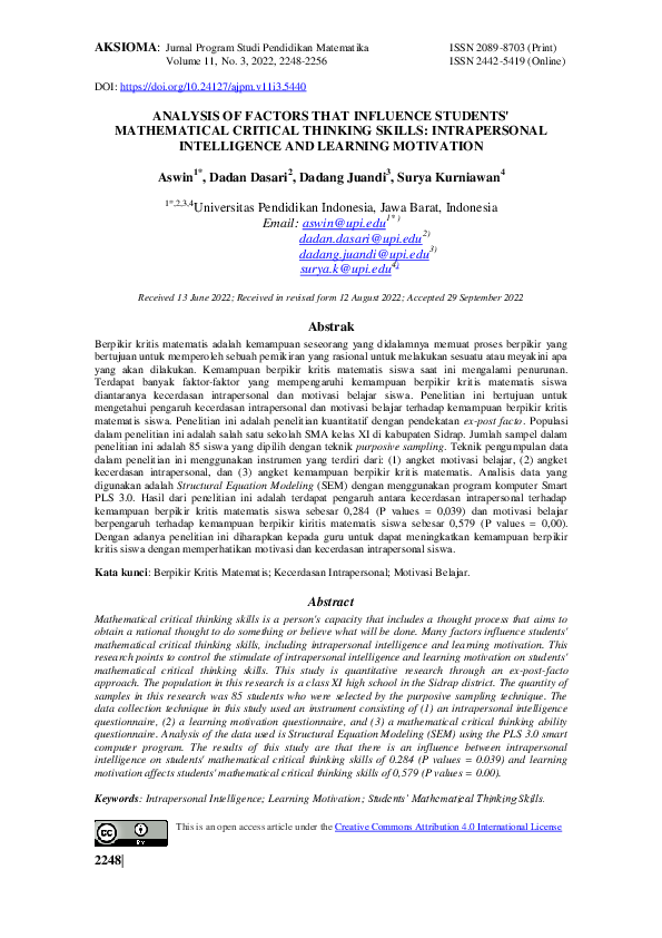 (PDF) Analysis of Factors That Influence Students' Mathematical Critical Thinking Skills ...
