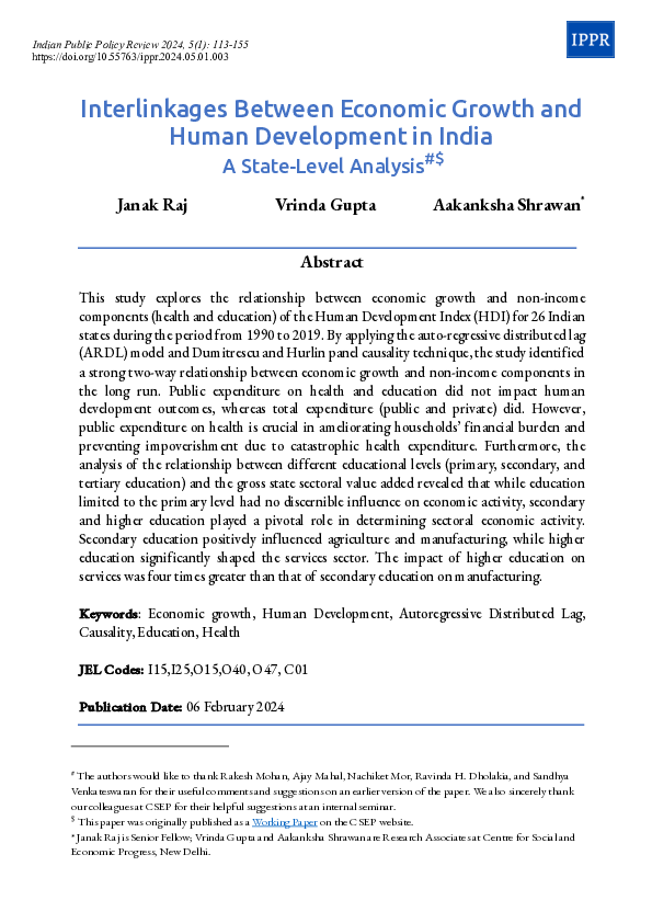 (PDF) Interlinkages Between Economic Growth and Human Development in India