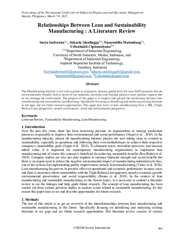(PDF) Relationships Between Lean and Sustainability Manufacturing : A Literature Review