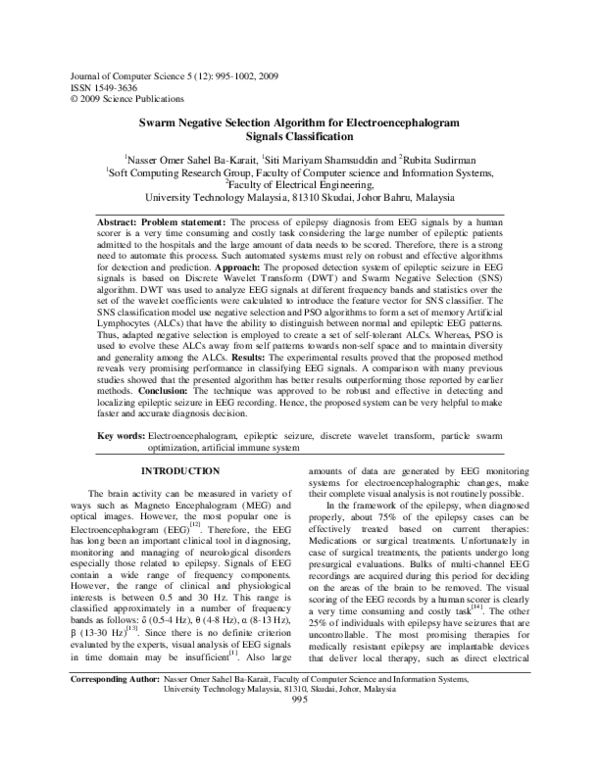 Pdf Swarm Negative Selection Algorithm For Electroencephalogram Signals Classification