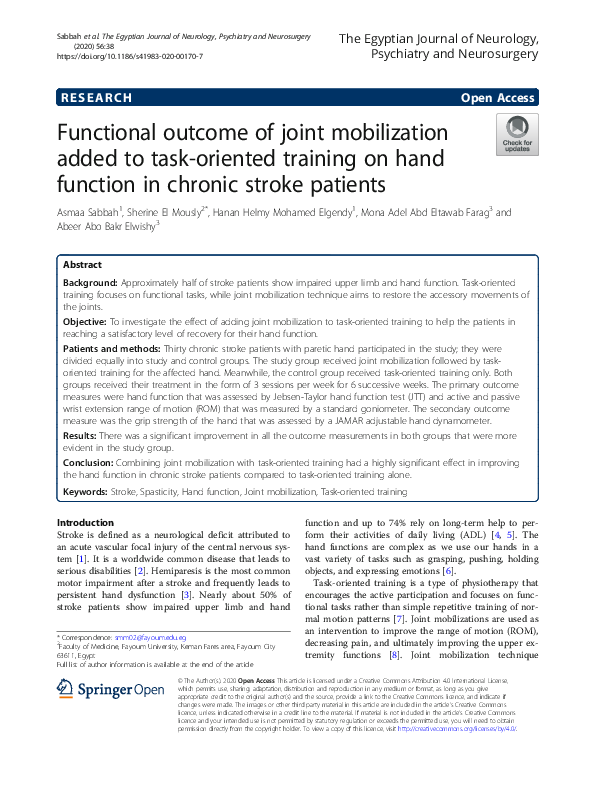 Pdf Functional Outcome Of Joint Mobilization Added To Task Oriented Training On Hand Function