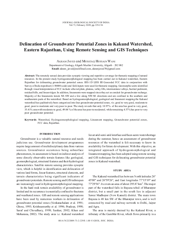 (PDF) Delineation of groundwater potential zones in Kakund watershed, Eastern Rajasthan, using ...
