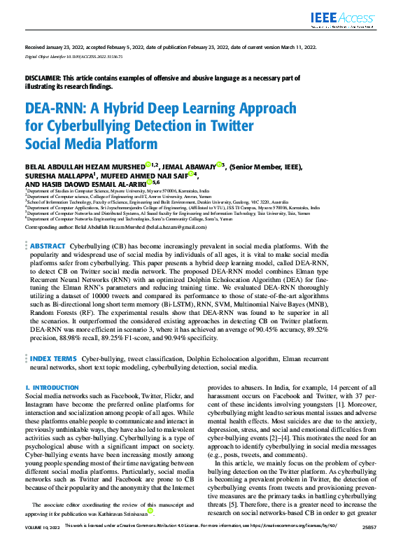 (PDF) DEA-RNN: A Hybrid Deep Learning Approach for Cyberbullying Detection in Twitter Social ...