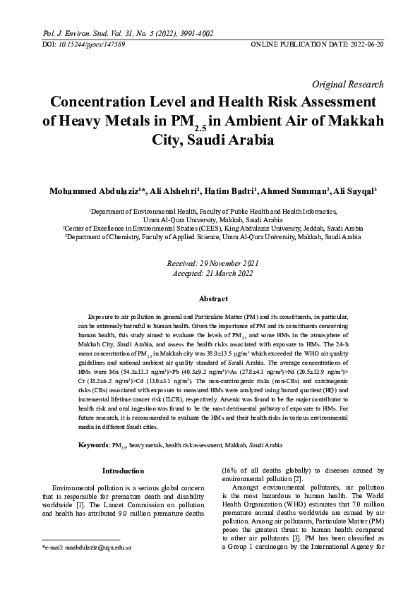 (PDF) Concentration Level and Health Risk Assessment of Heavy Metals in PM2.5 in Ambient Air of ...