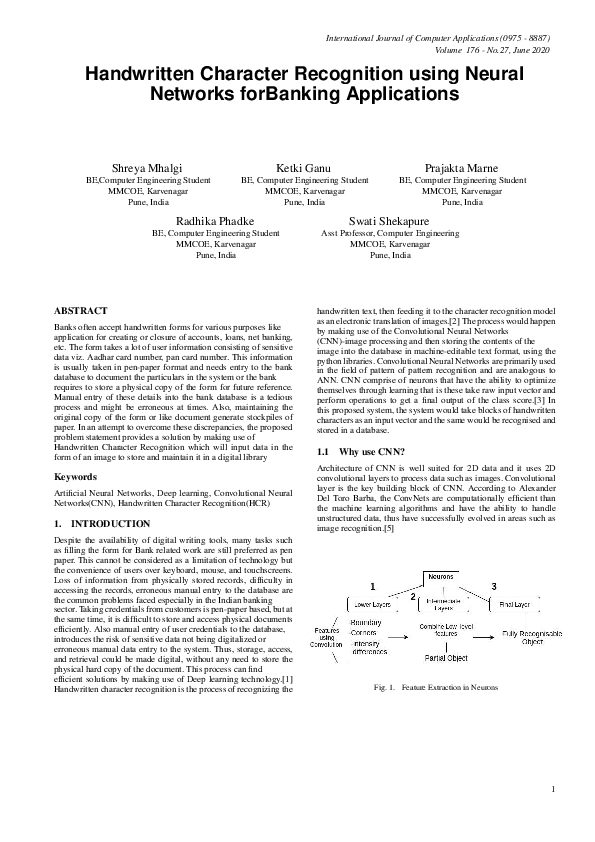 (PDF) Handwritten Character Recognition using Neural Networks forBanking Applications