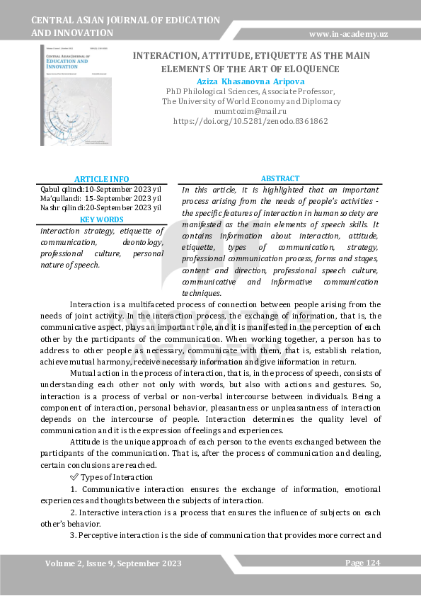 (PDF) Interaction, Attitude, Etiquette as the Main Elements of the Art of Eloquence