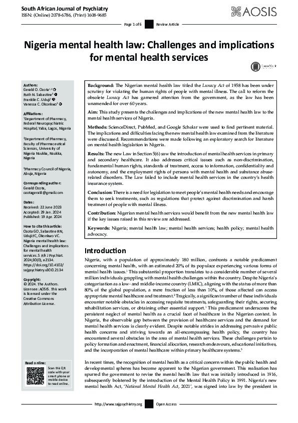 (PDF) Nigeria mental health law: Challenges and implications for mental ...