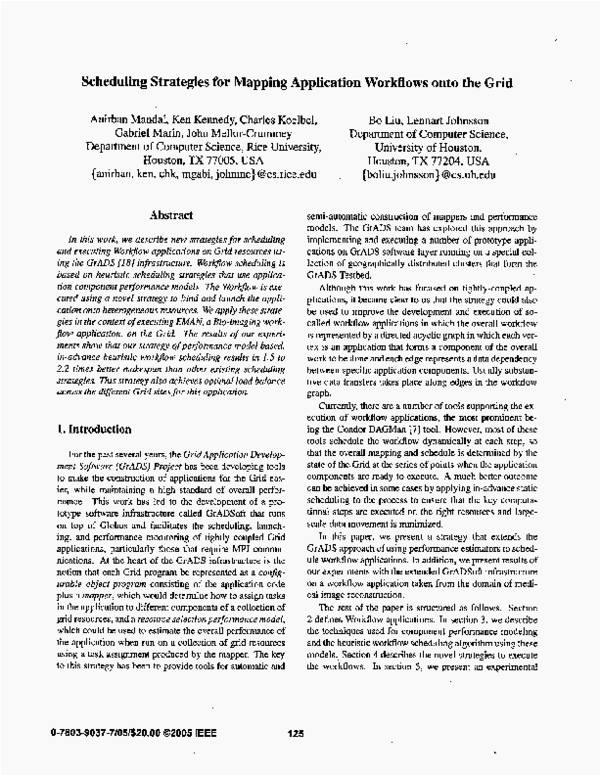 (PDF) Scheduling strategies for mapping application workflows onto the grid