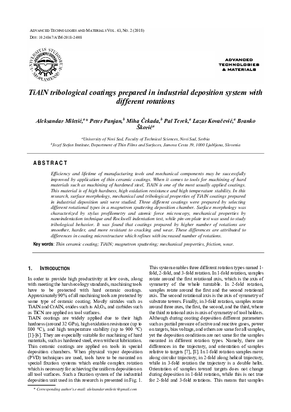(PDF) TiAlN tribological coatings prepared in industrial deposition ...