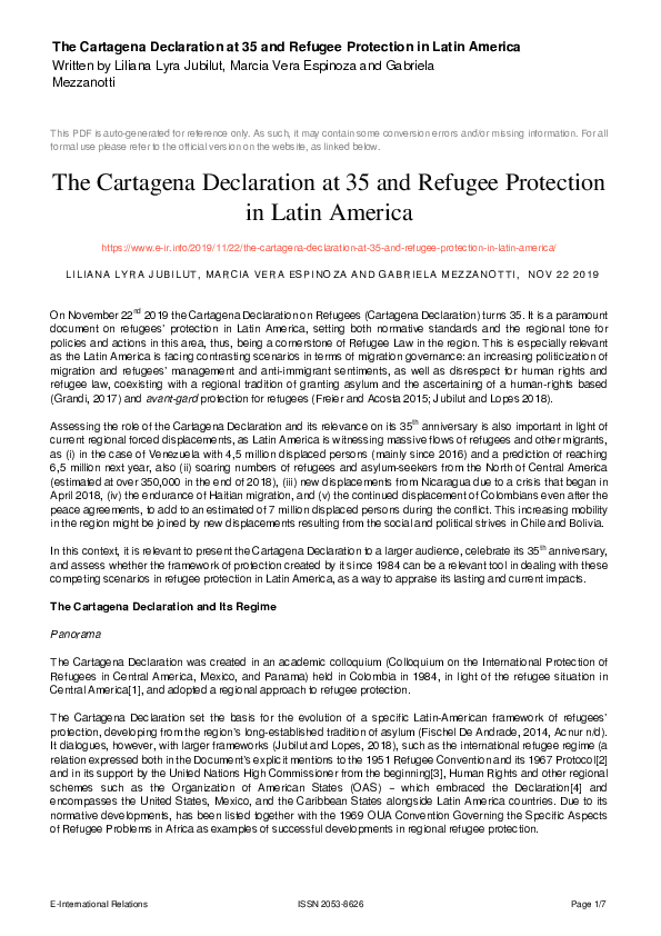 (PDF) The Cartagena Declaration at 35 and Refugee Protection in Latin ...