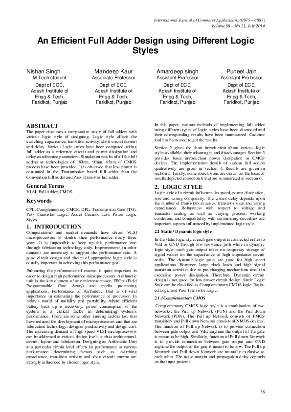 (PDF) An Efficient Full Adder Design using Different Logic Styles