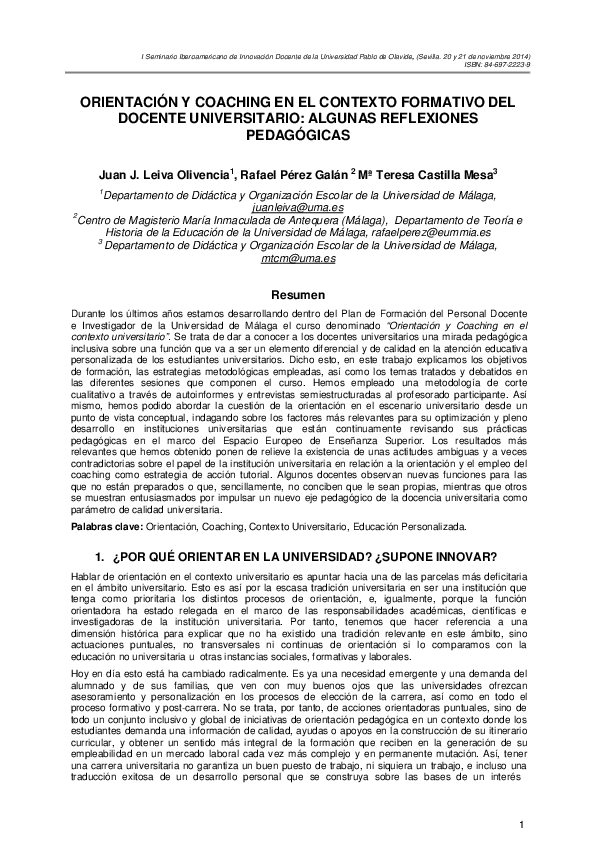 (PDF) Orientación y Coaching en El Contexto Formativo Del Docente Universitario: Algunas ...
