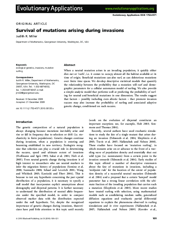ORIGINAL ARTICLE: Survival of mutations arising during invasions