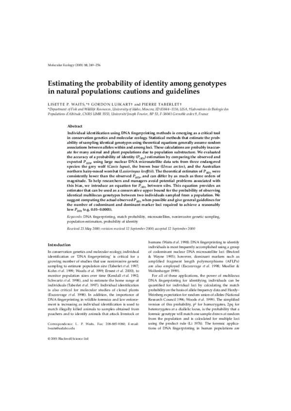 (PDF) Estimating the probability of identity among genotypes in natural ...