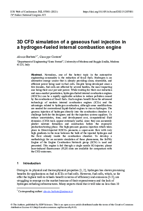 (PDF) 3D CFD simulation of a gaseous fuel injection in a hydrogen-fueled internal combustion engine