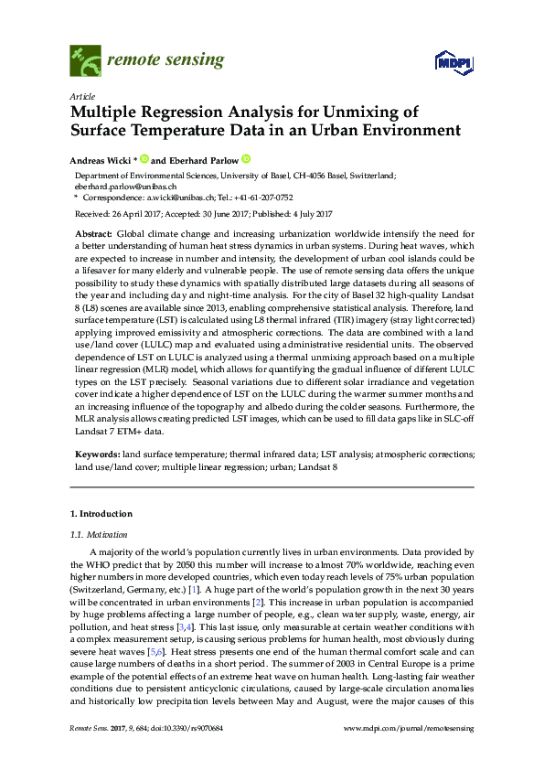 (PDF) Multiple Regression Analysis for Unmixing of Surface Temperature Data in an Urban Environment