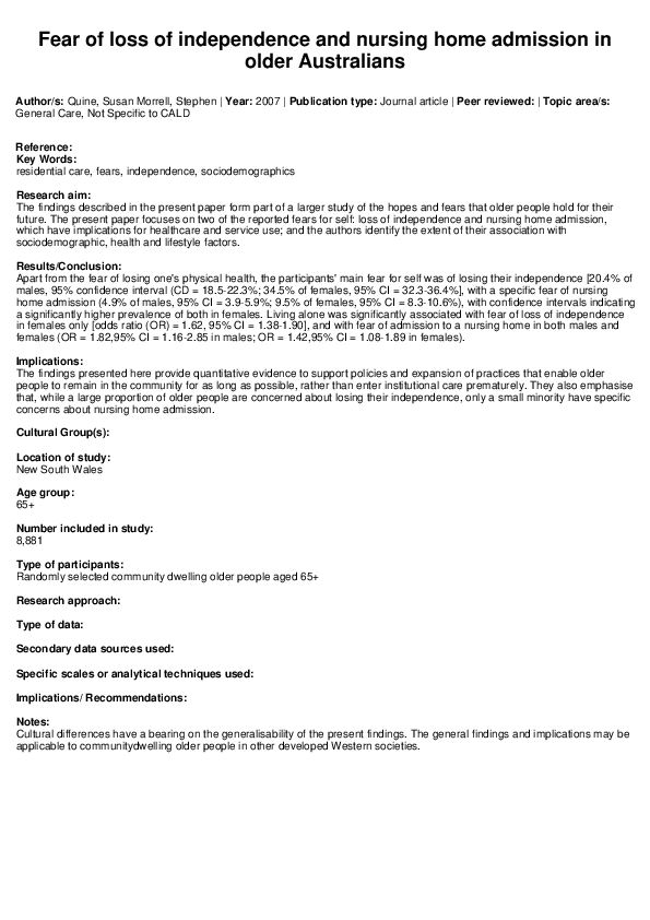 (PDF) Fear of loss of independence and nursing home admission in older ...